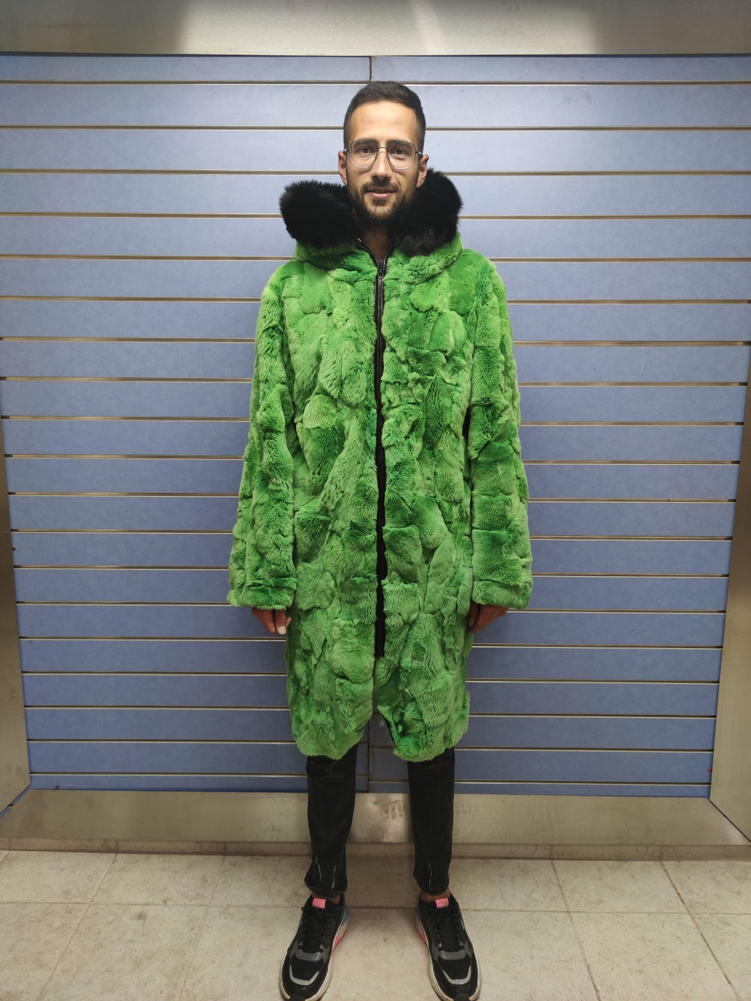 Luxury Green Rex Rabbit Fur Mens Coat Real Fur Green Coat With Hood and ...