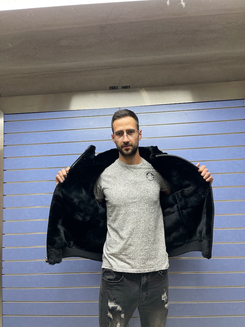 Luxury Black Rex Rabbit Bomber Jacket Real Rabbit Fur Full Skin With ...
