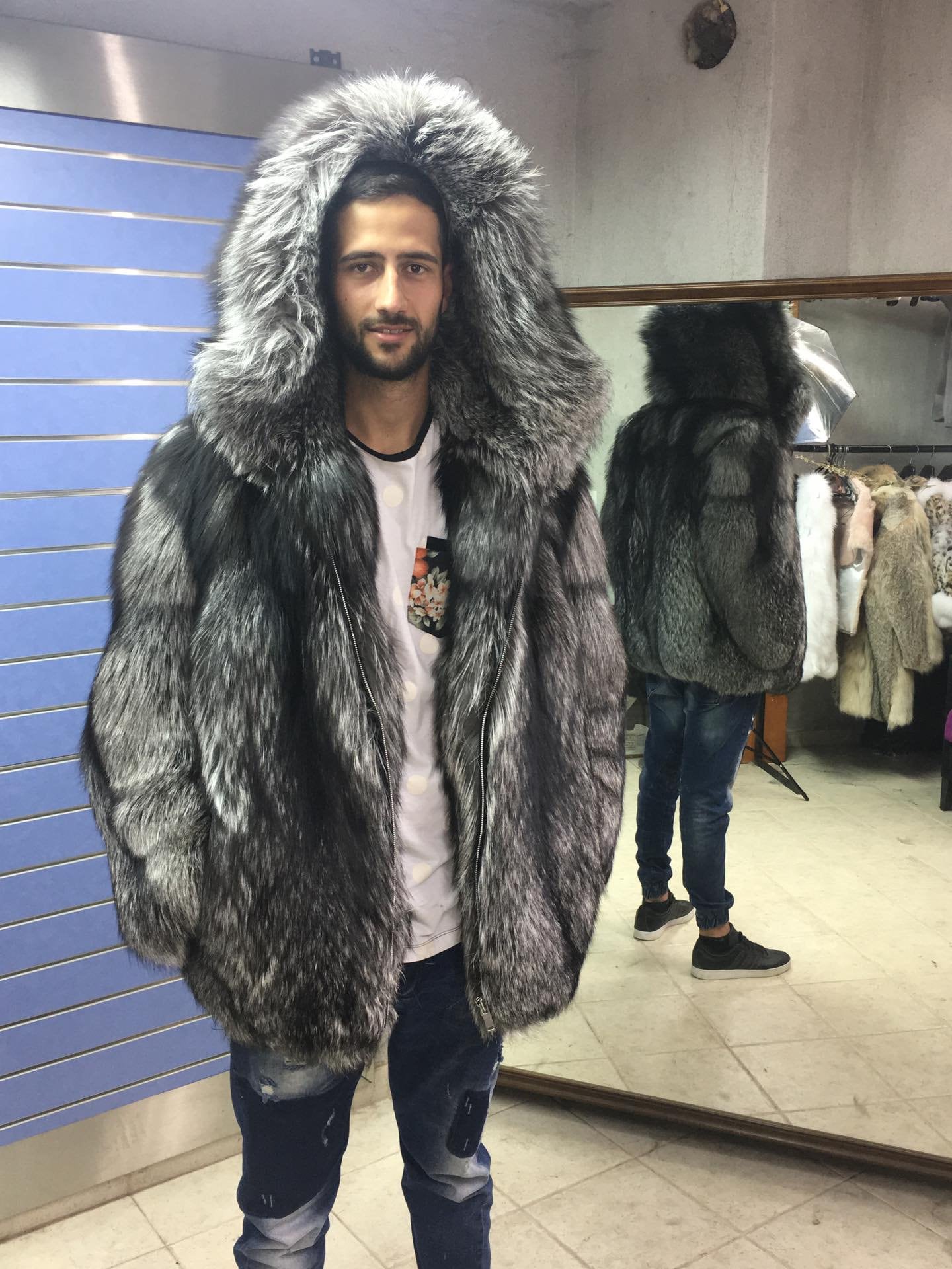 Luxury Full Skin Silver Fox Fur Mens Coat Real Fur Jacket Skin to Skin ...