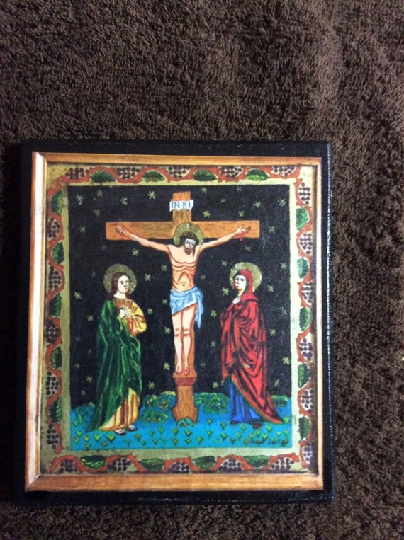 Crucifix of Jesus Christ Vintage Print on wood | Etsy
