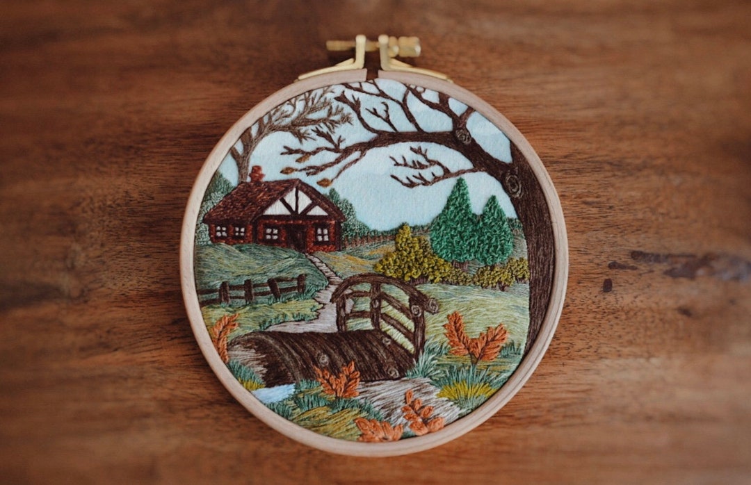 Embroidery Wall Decor, Landscape Hoop Art, Finished Landscape Hand ...