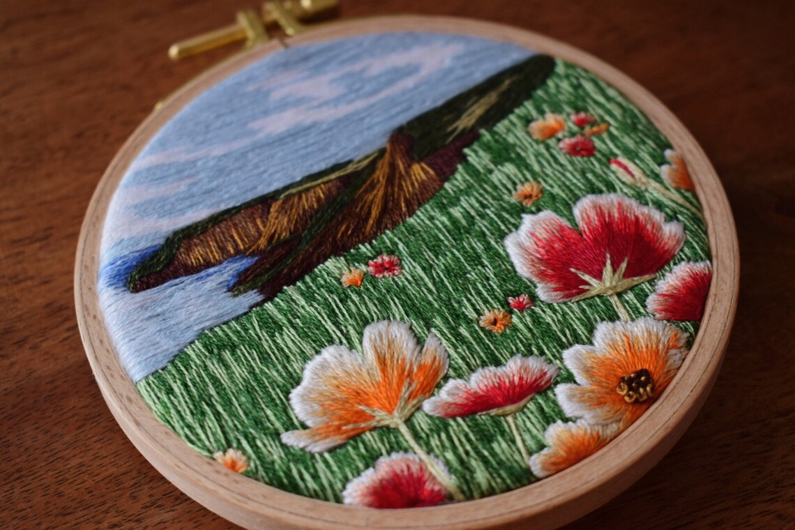 Embroidery Wall Decor, Landscape Hoop Art, Finished Landscape Hand ...