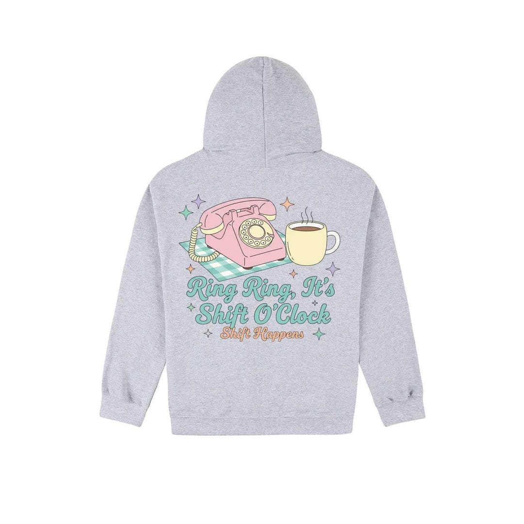 Retro Shift O'clock Hoodie, Rotary Phone & Coffee, Pastel Workwear - Etsy