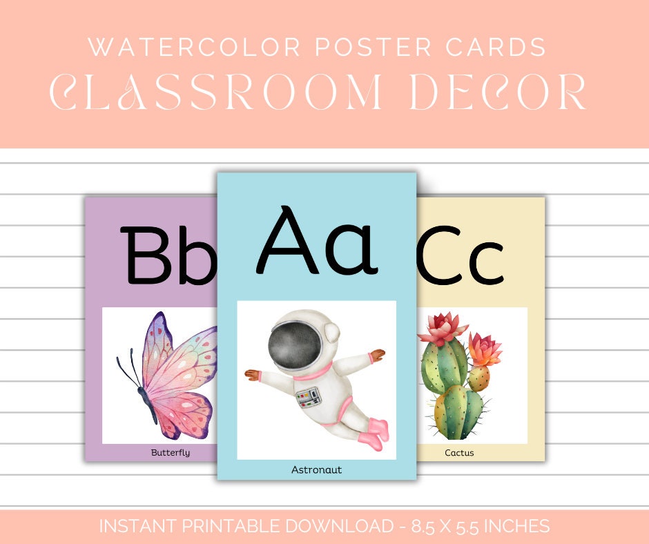 Watercolor Alphabet Poster Cards, Classroom Decor, Aesthetic Teacher ...