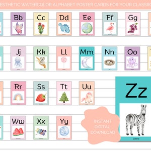 Watercolor Alphabet Poster Cards, Classroom Decor, Aesthetic Teacher ...