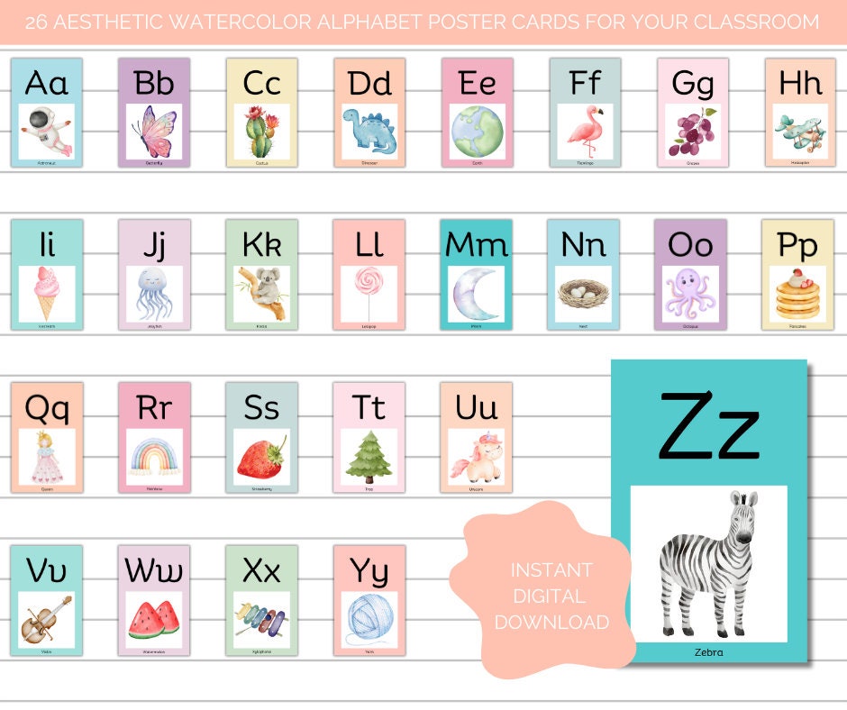 Watercolor Alphabet Poster Cards, Classroom Decor, Aesthetic Teacher ...