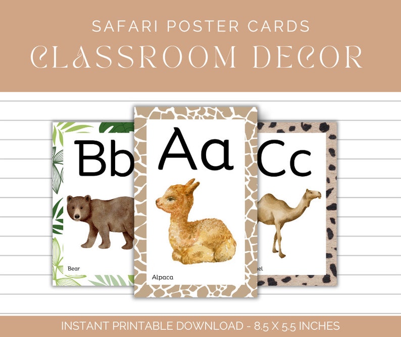 Safari Alphabet Poster Cards, Classroom Decor, Aesthetic Teacher Decor ...