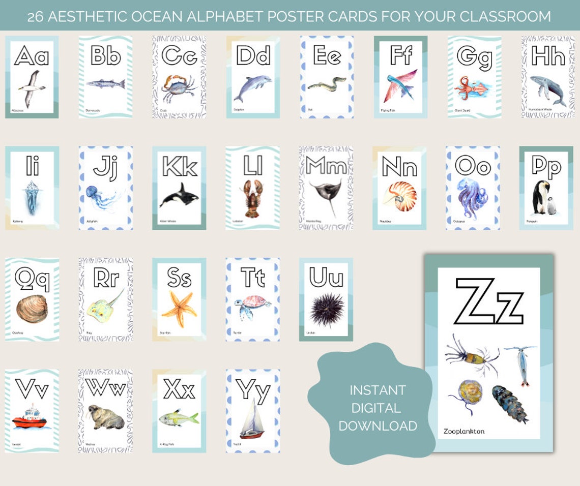 Ocean Alphabet Poster Cards, Classroom Decor, Aesthetic Teacher Decor ...