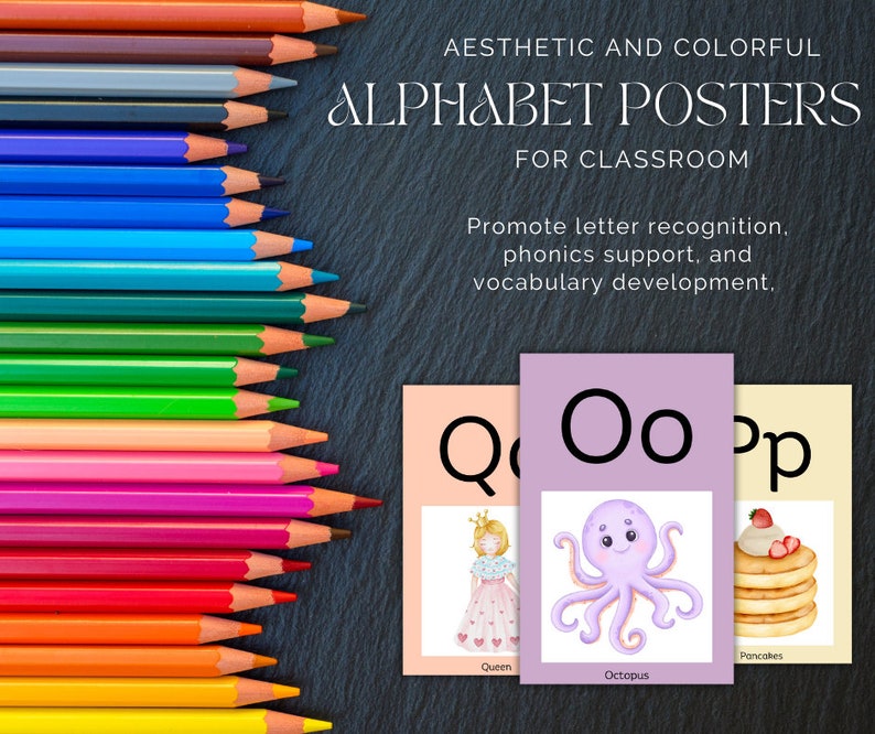 Watercolor Alphabet Poster Cards, Classroom Decor, Aesthetic Teacher ...
