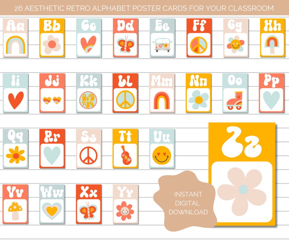 Retro Alphabet Poster Cards, Classroom Decor, Aesthetic Teacher Decor ...