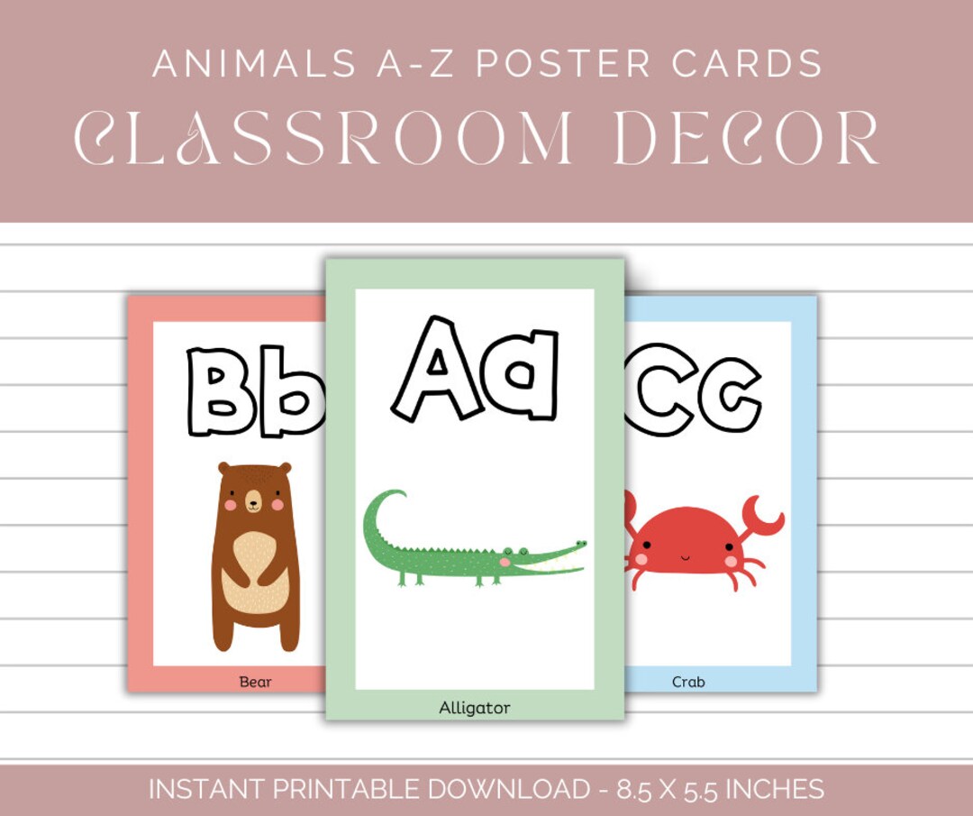 Animals A-Z Alphabet Poster Cards, Classroom Decor, Aesthetic Teacher ...