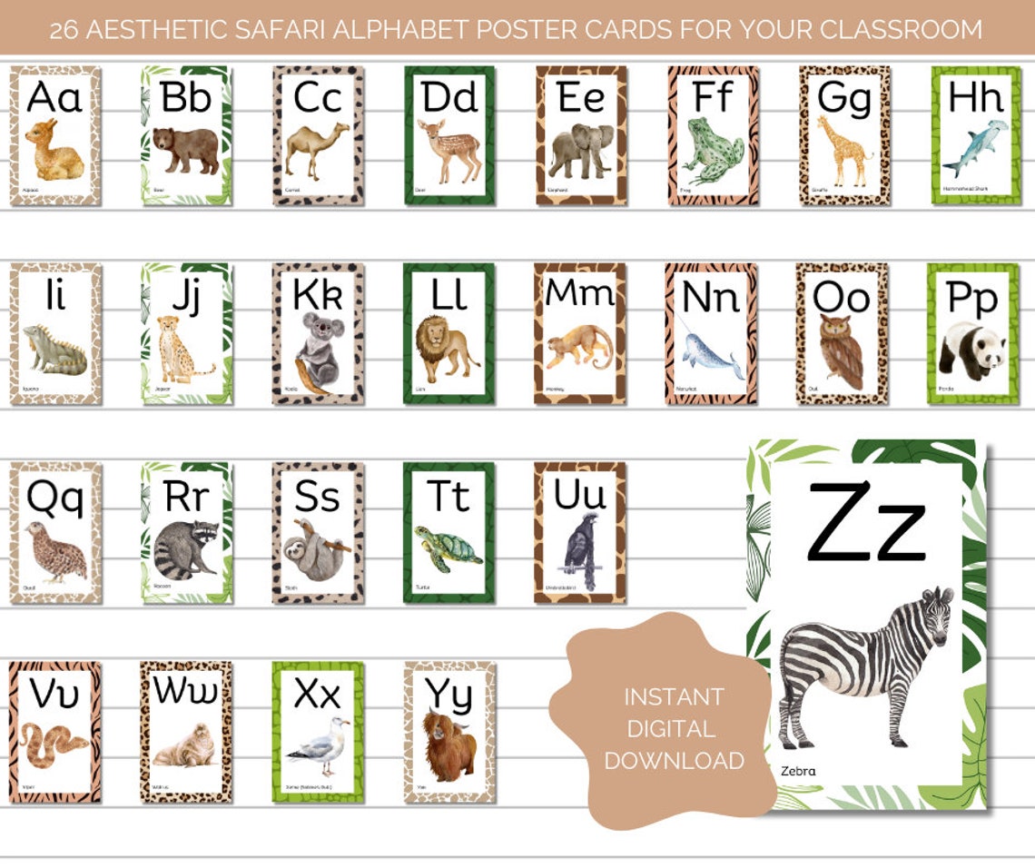 Safari Alphabet Poster Cards Classroom Decor Aesthetic - Etsy