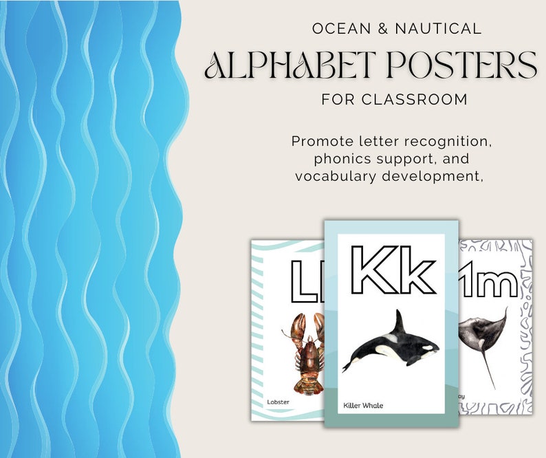 Ocean Alphabet Poster Cards, Classroom Decor, Aesthetic Teacher Decor ...