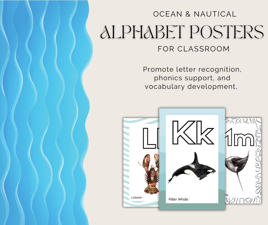 Ocean Alphabet Poster Cards, Classroom Decor, Aesthetic Teacher Decor ...