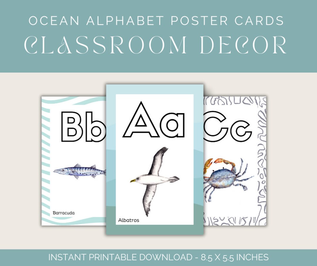 Ocean Alphabet Poster Cards, Classroom Decor, Aesthetic Teacher Decor ...