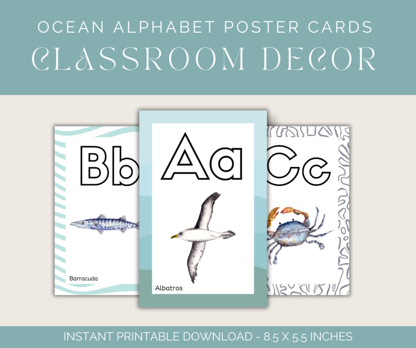 Ocean Alphabet Poster Cards, Classroom Decor, Aesthetic Teacher Decor ...