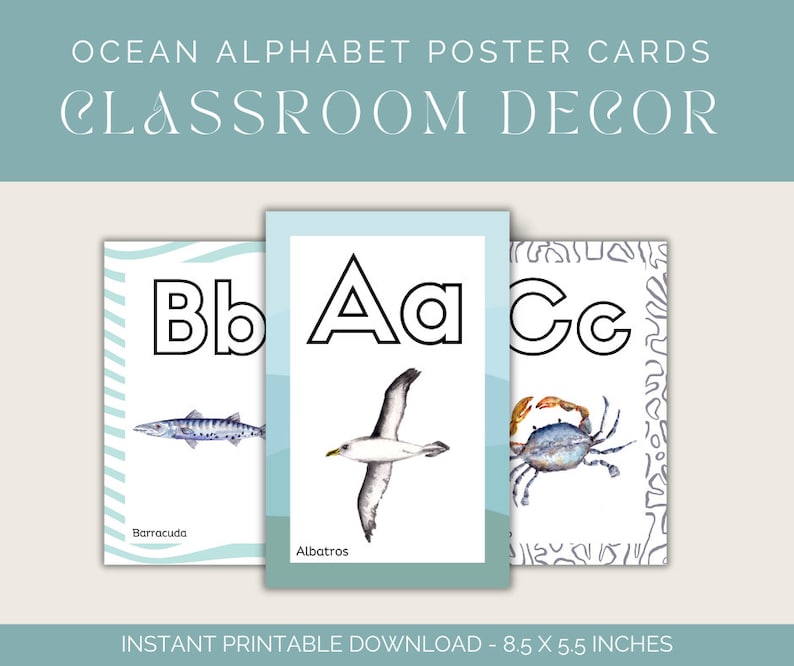 Ocean Alphabet Poster Cards, Classroom Decor, Aesthetic Teacher Decor ...