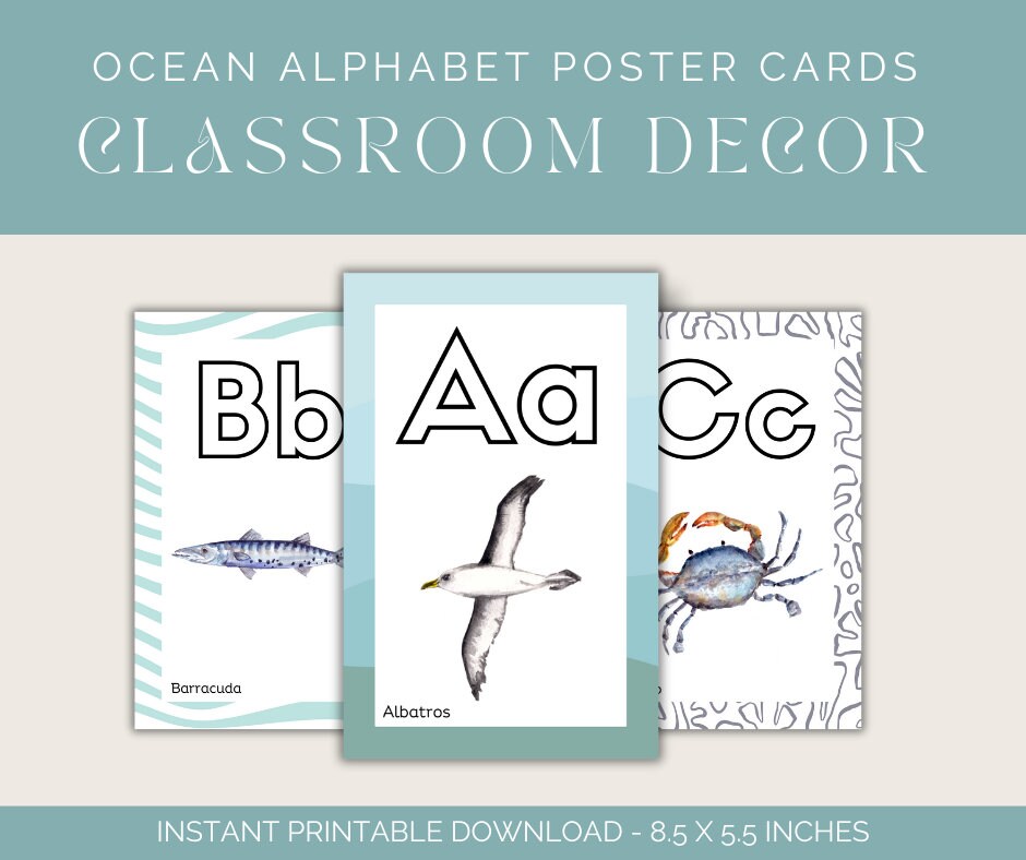 Ocean Alphabet Poster Cards, Classroom Decor, Aesthetic Teacher Decor ...