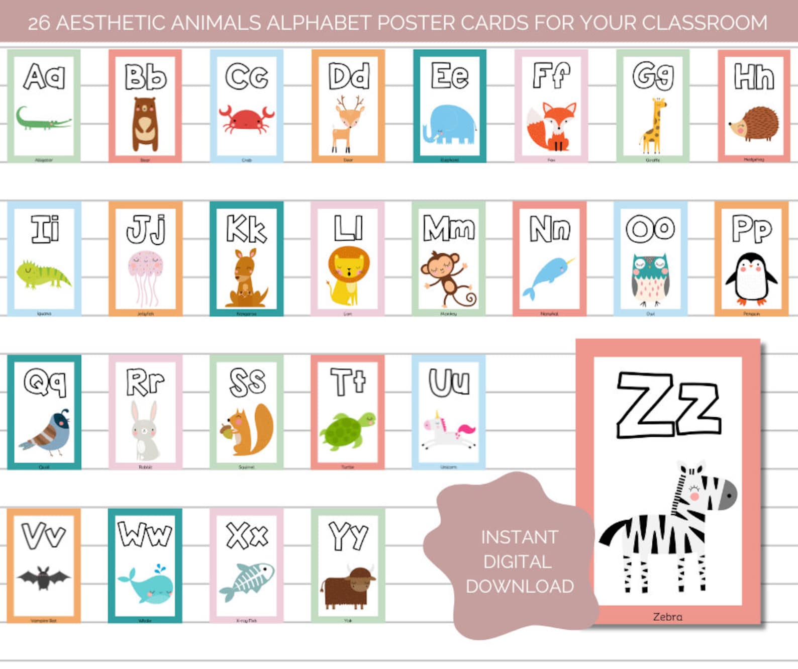 Animals A-Z Alphabet Poster Cards, Classroom Decor, Aesthetic Teacher ...