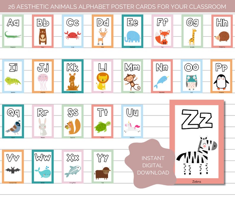 Animals A-Z Alphabet Poster Cards, Classroom Decor, Aesthetic Teacher ...