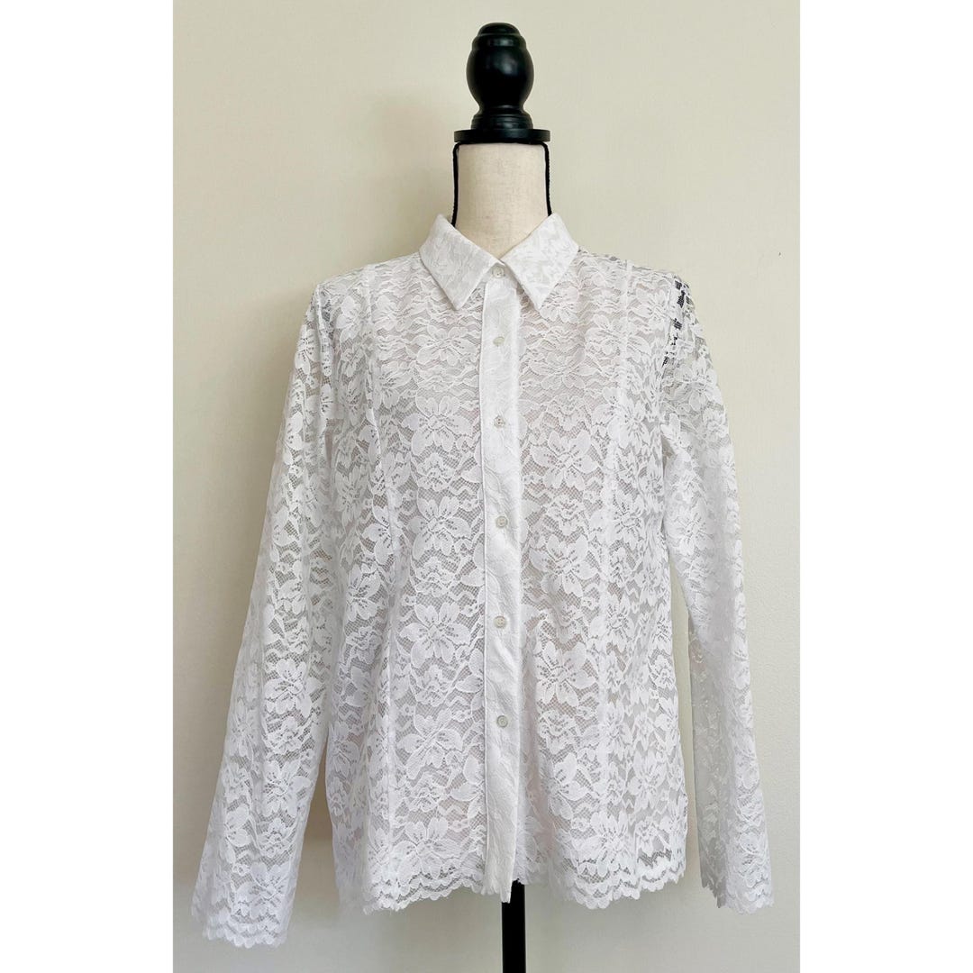 Vintage 1990s | White Lace Button-up Collared Blouse - Etsy