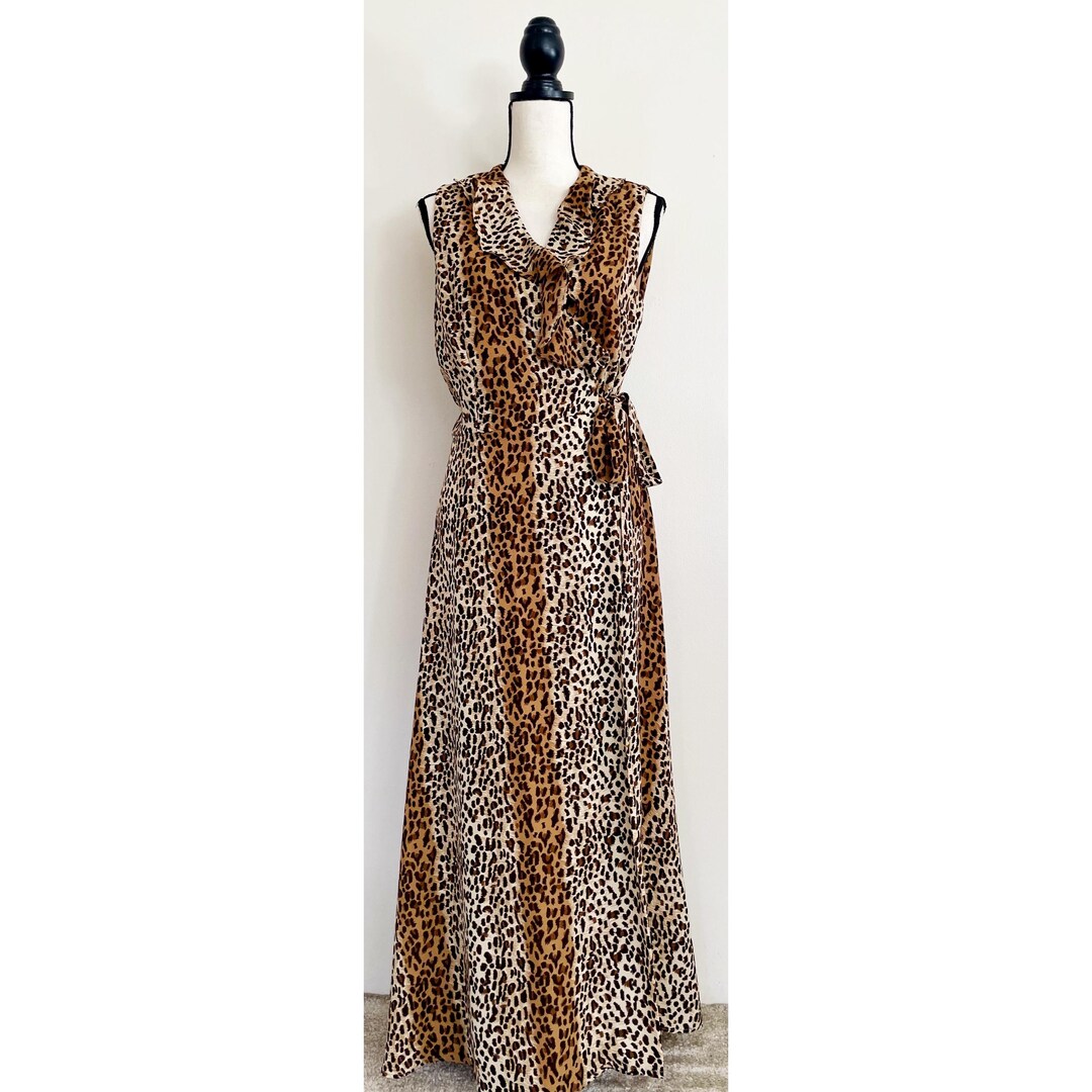 Vintage 1980s | Leopard Print Ruffle Wrap Maxi Dress - Etsy