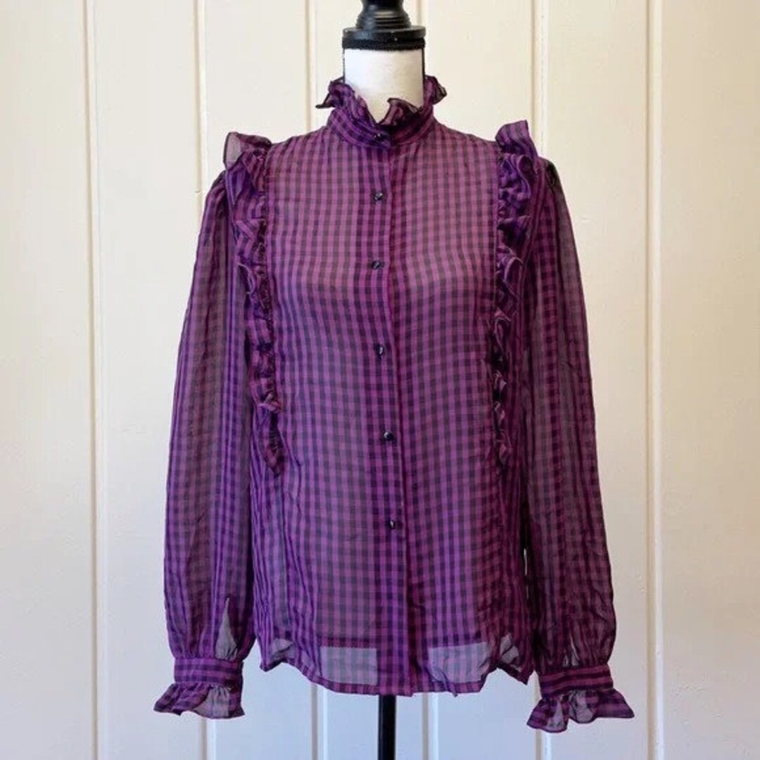 Vintage 1970s | Buffalo Plaid Ruffle Mockneck Button-down Blouse - Etsy