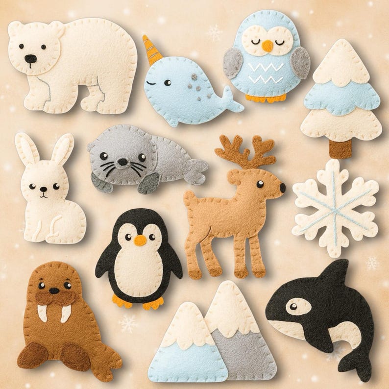 Arctic Animals Felt Ornament Sewing Pattern: Winter DIY, Polar Bear ...