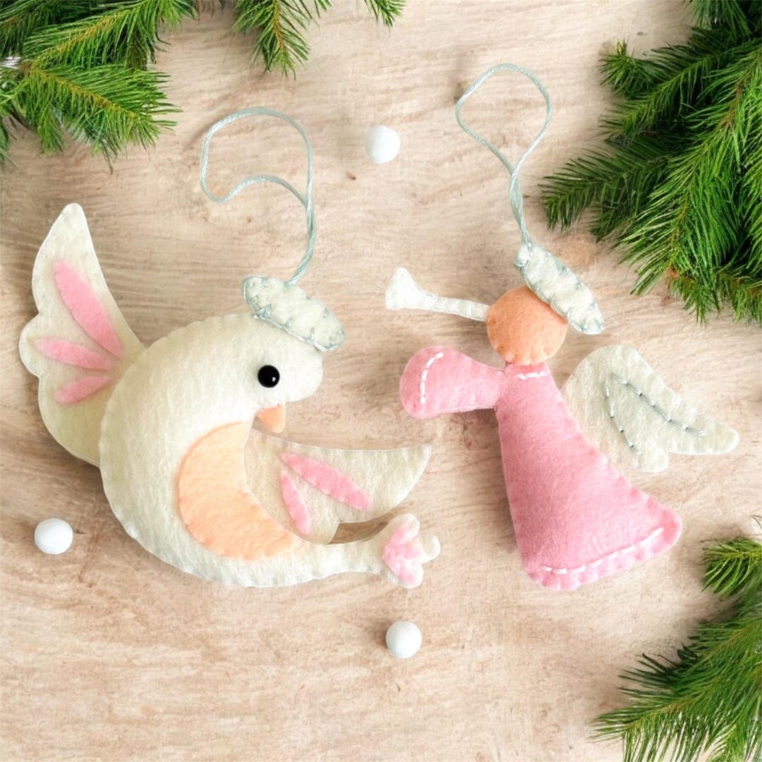 Felt Christmas Ornaments Sewing Pattern: Angel & Dove DIY Set (PDF, SVG ...