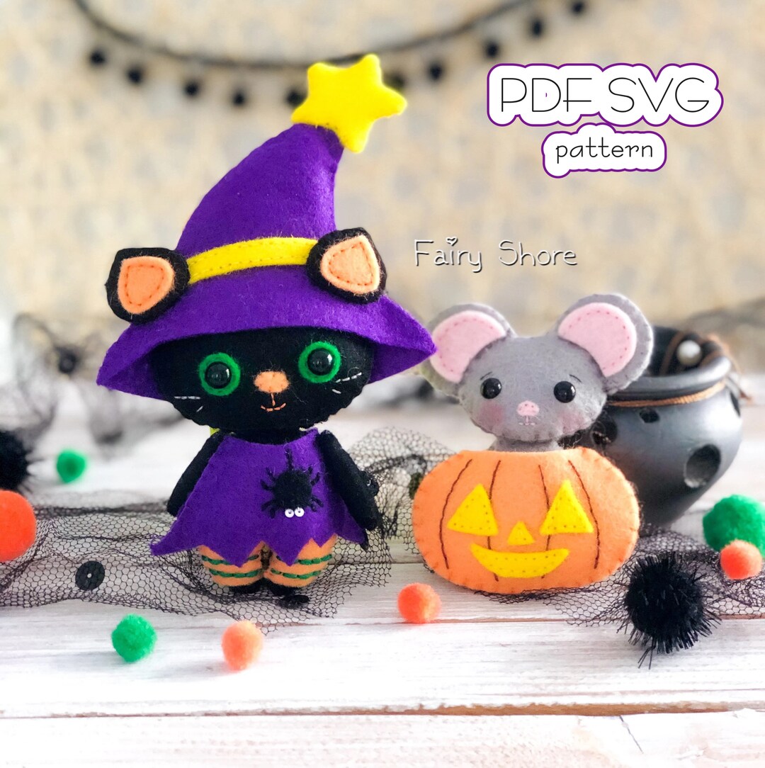 Halloween Sewing Pattern, Felt Black Cat Witch, Mouse, and Pumpkin ...