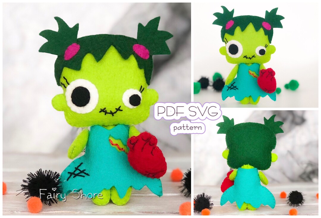 Halloween Zombie Girl PDF SVG Felt Pattern, Cute Zombie Sewing Pattern ...