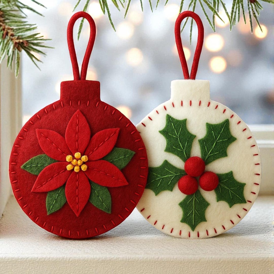 Christmas Poinsettia & Holly Felt Ornament Pattern – PDF SVG DIY Bauble ...