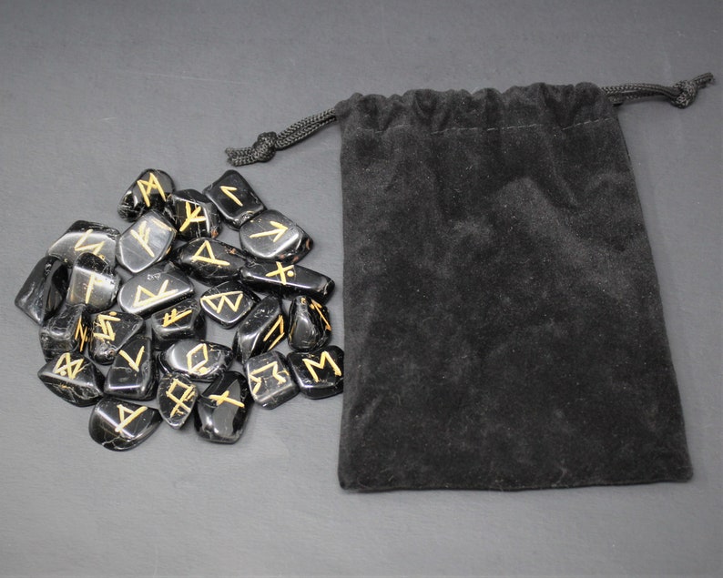 Black Tourmaline Rune Stone Set With Velvet Storage Pouch set - Etsy