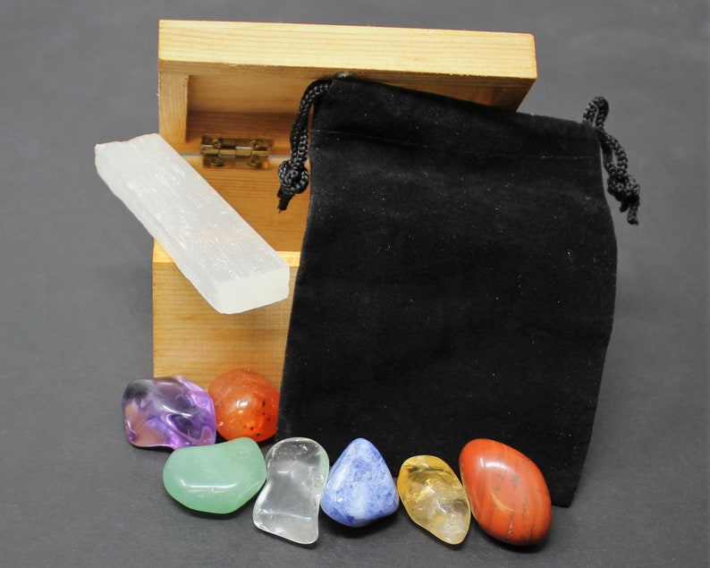 7 Chakra Stone Wooden Gift Box: 7 Natural Tumble Stones PLUS - Etsy