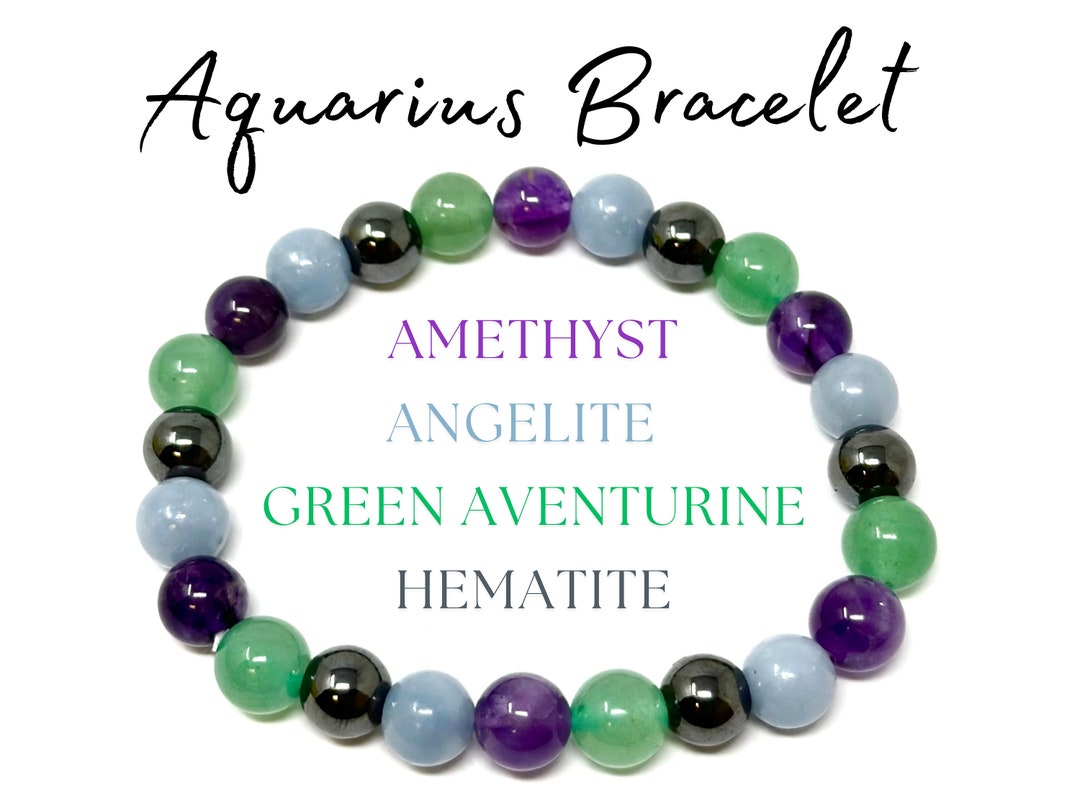 Aquarius Zodiac Bracelet - Amethyst, Angelite, Hematite, & Green ...