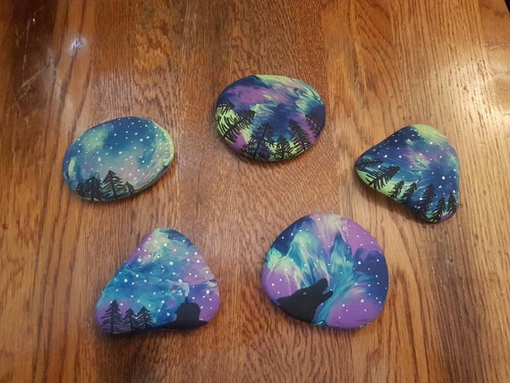 Northern Lights/aurora Borealis Painted Alaskan River Rocks | Etsy
