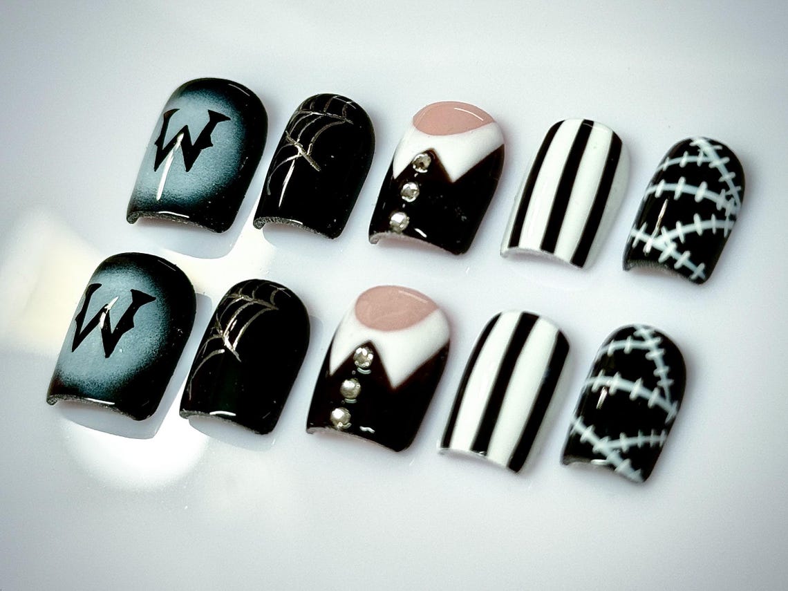 Wednesday Addams Press on Nails | Gothic Black White Nail Set ...