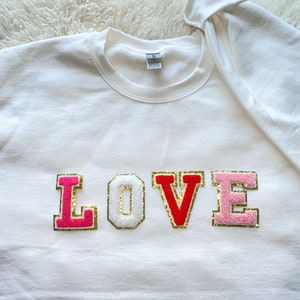 Valentines Day LOVE Chenille Glitter Patch Crewneck Sweatshirt Black White Pink Red Womens Kids ...