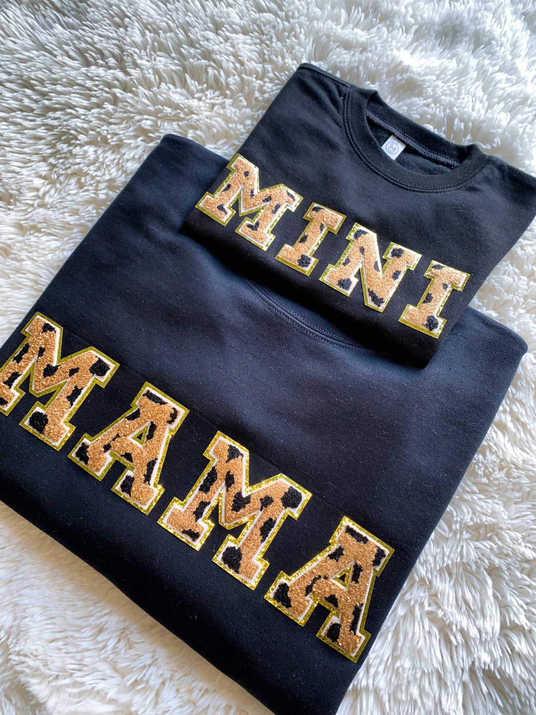 Black Tan Gold Cheetah Print Glitter Chenille Letter Patch Mama Mini Matching Crewneck ...