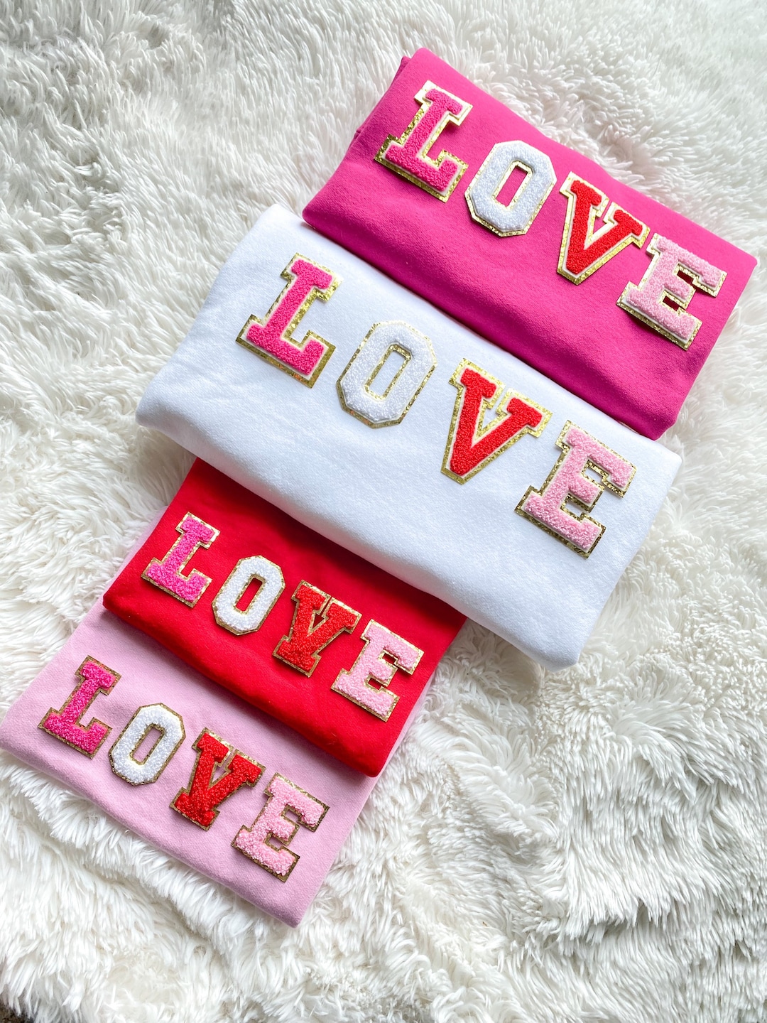 Valentine’s Day LOVE Chenille Glitter Patch Crewneck Sweatshirt Black White Pink Red Women’s ...
