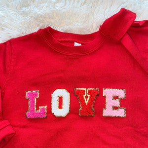 Valentines Day LOVE Chenille Glitter Patch Crewneck Sweatshirt Black White Pink Red Womens Kids ...