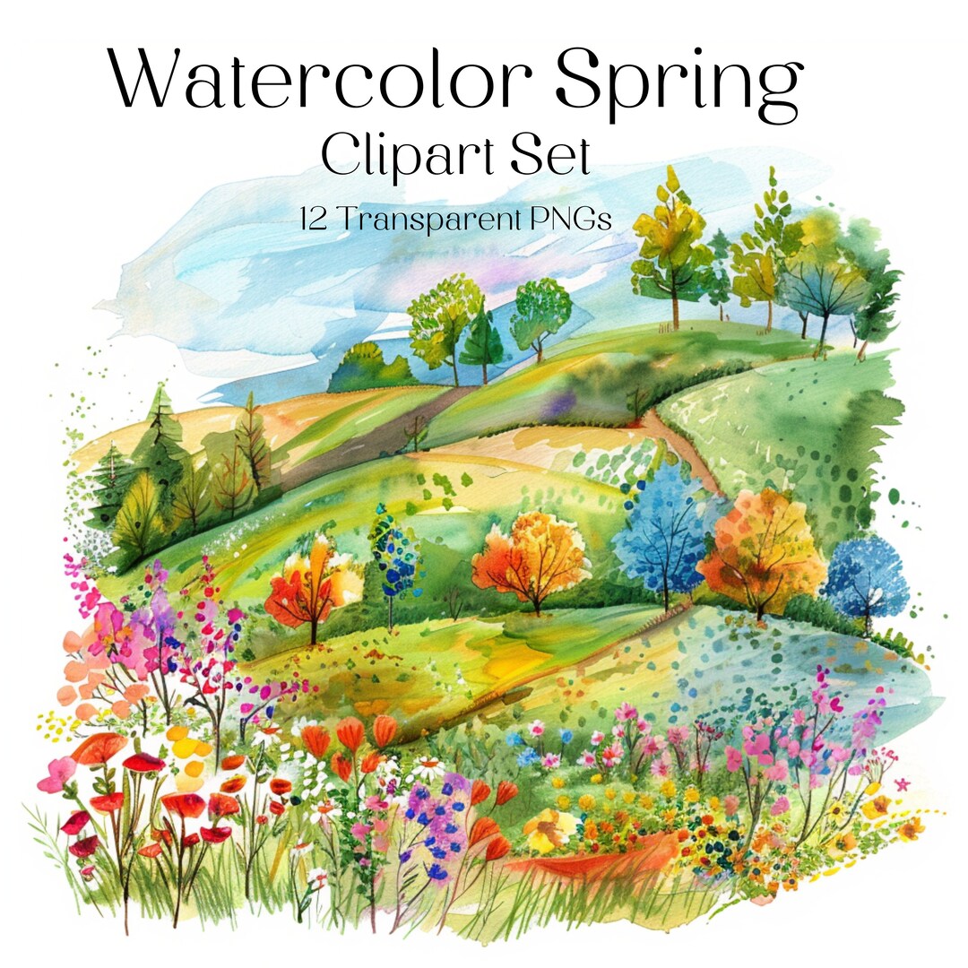 Watercolor Spring Clip Art Set-wildflower Landscape Clipart-floral ...