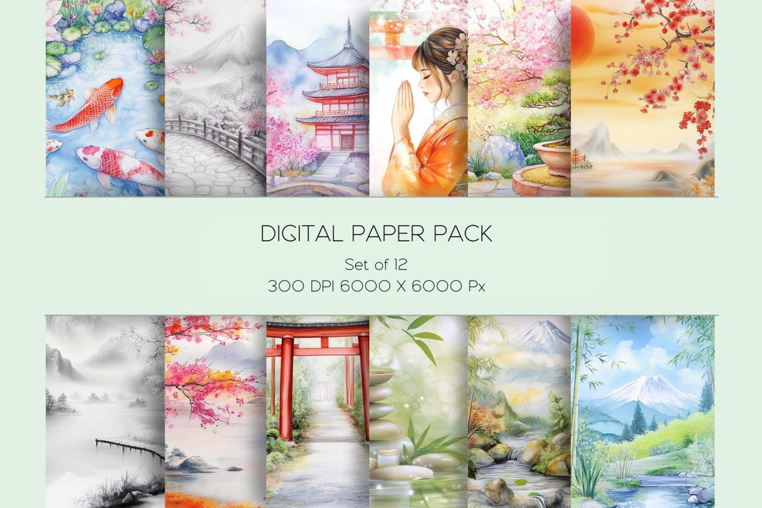 Watercolor Japanese Landscape Digital Paper Set-tranquil Pastel Asian ...