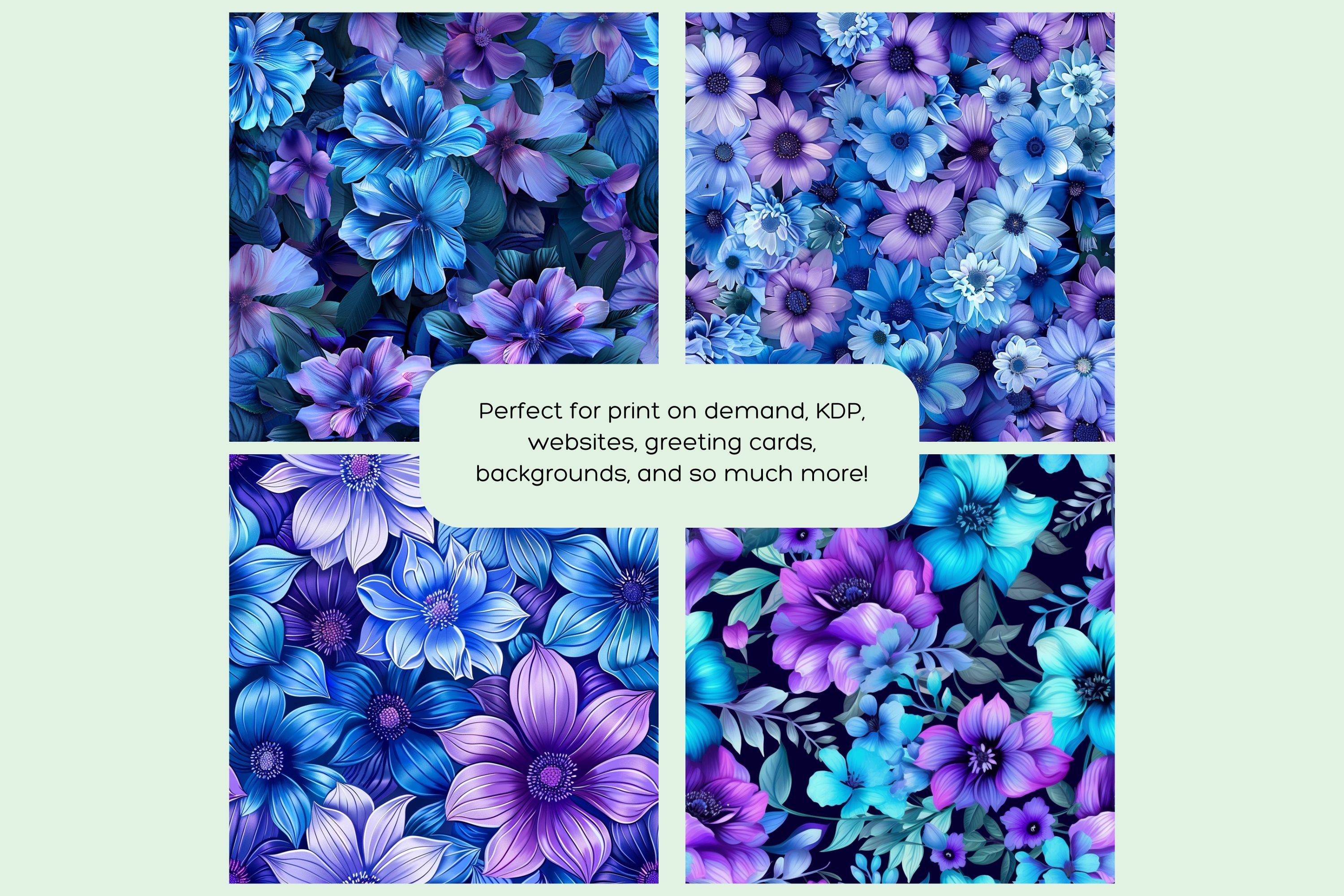 Blue Purple Floral Seamless Patterns-floral Digital Paper Pack- Bright ...
