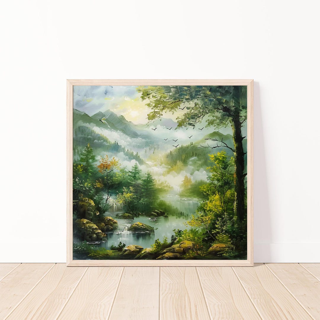 Green Nature Landscape Art Print, Digital Forest Wall Art, Mountain ...