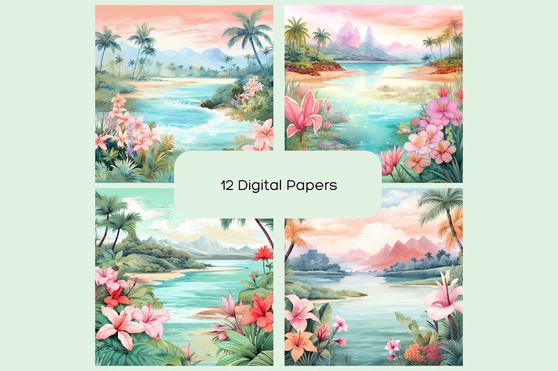 Pastel Tropical Digital Paper Set-pastel Beach Floral Digital Paper ...