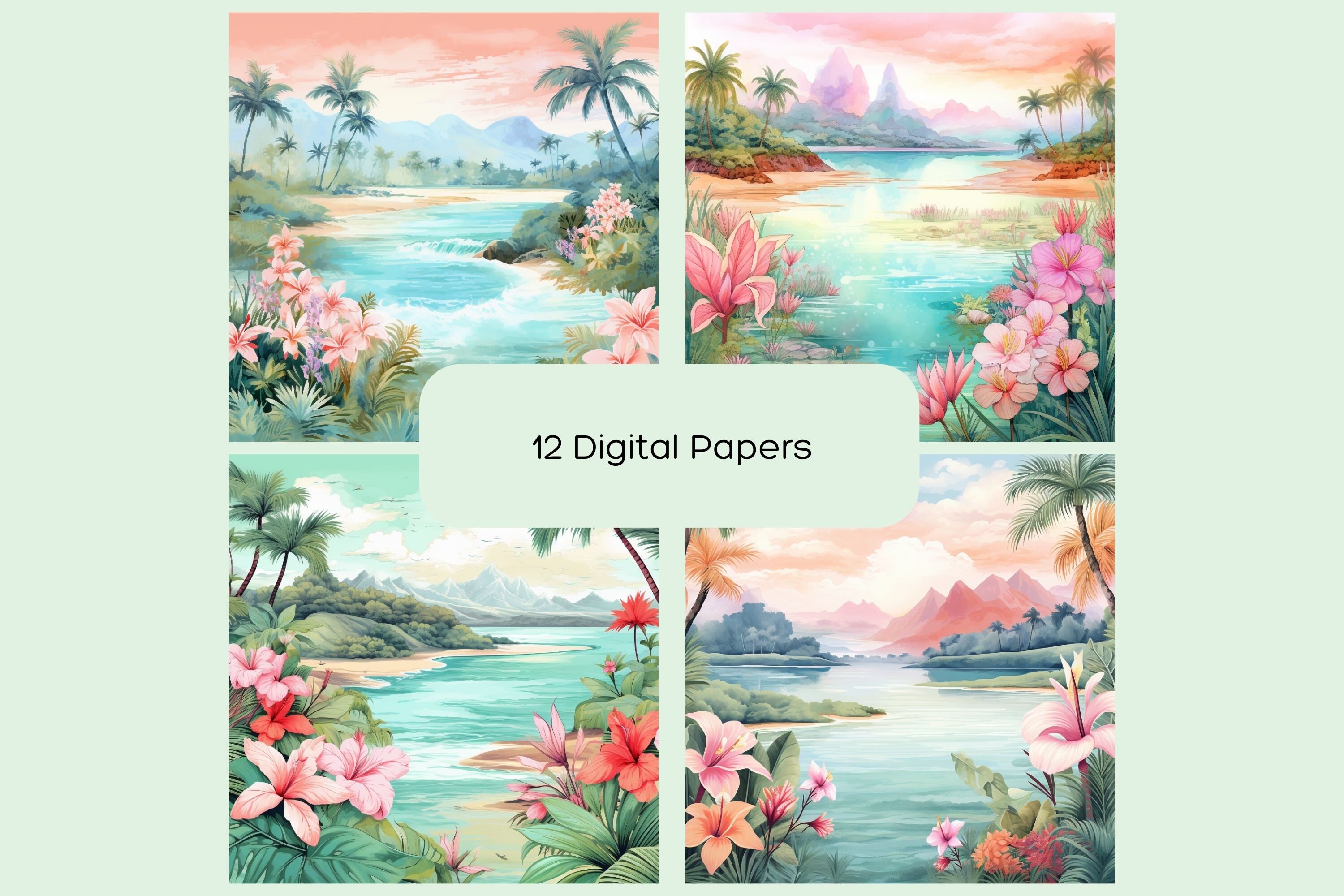 Pastel Tropical Digital Paper Set-pastel Beach Floral Digital Paper ...
