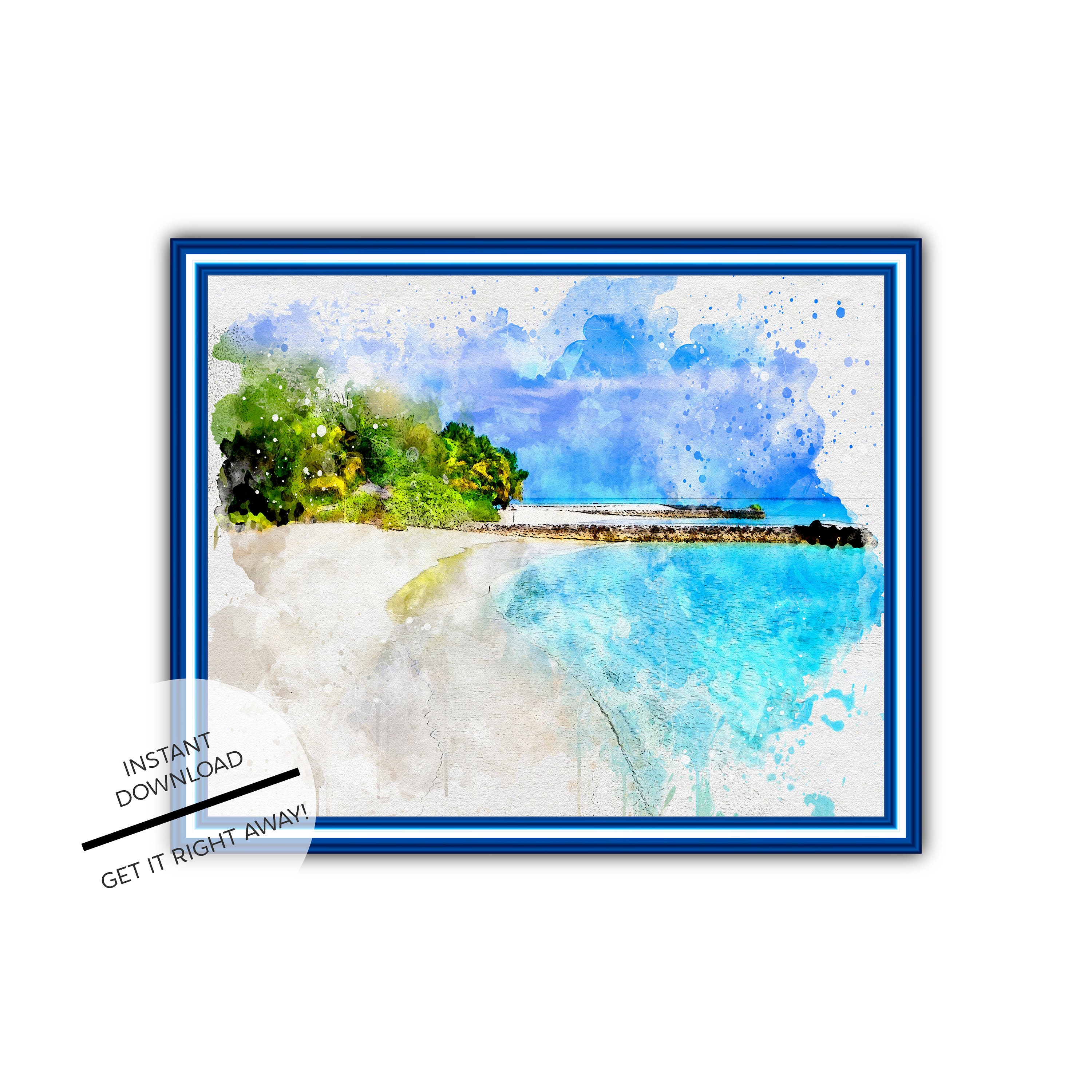 Watercolor Tropical Beach Printable Wall Art-blue Water Beach - Etsy