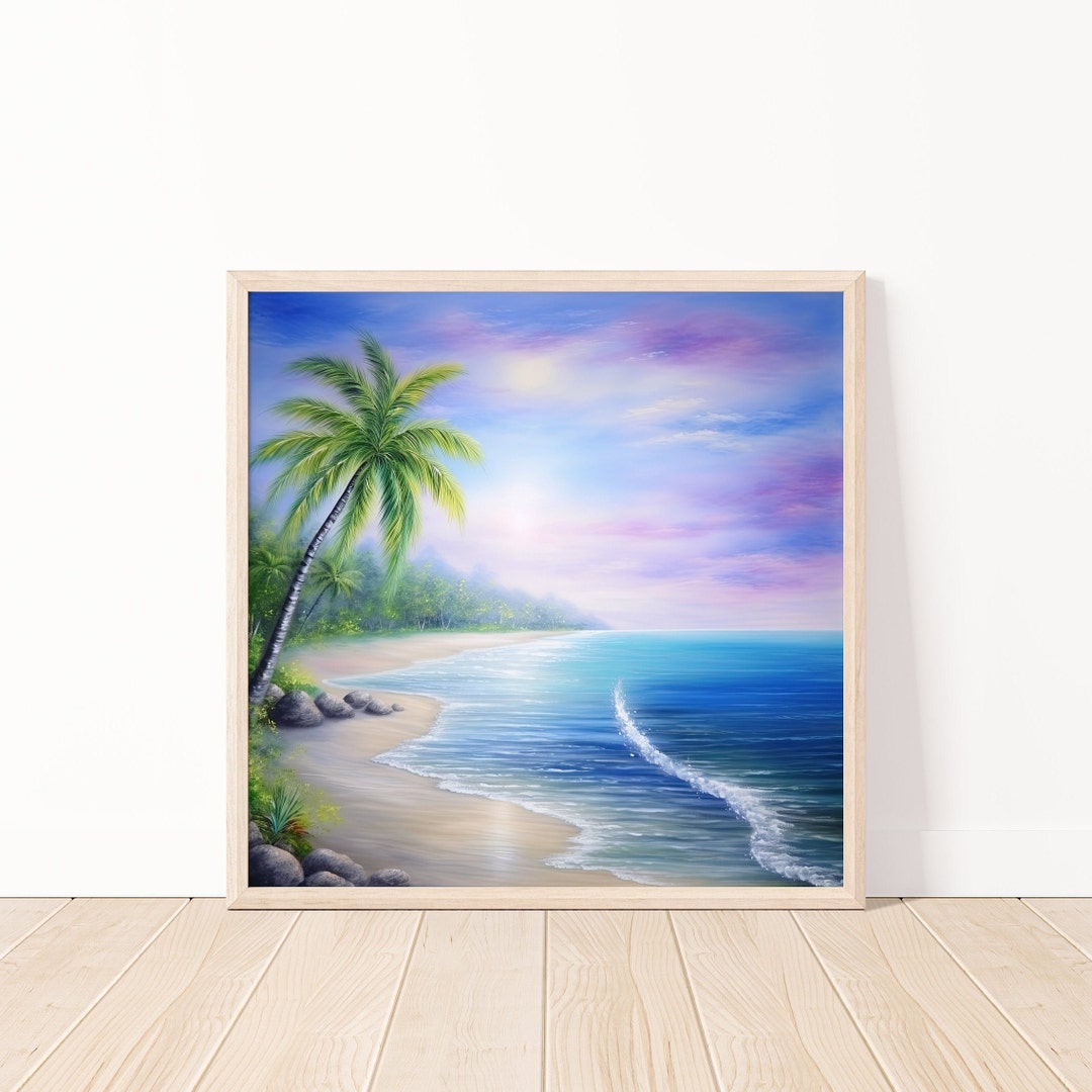 Tropical Beach Sunset Digital Art, Ocean Waves Palm Trees, Serene ...