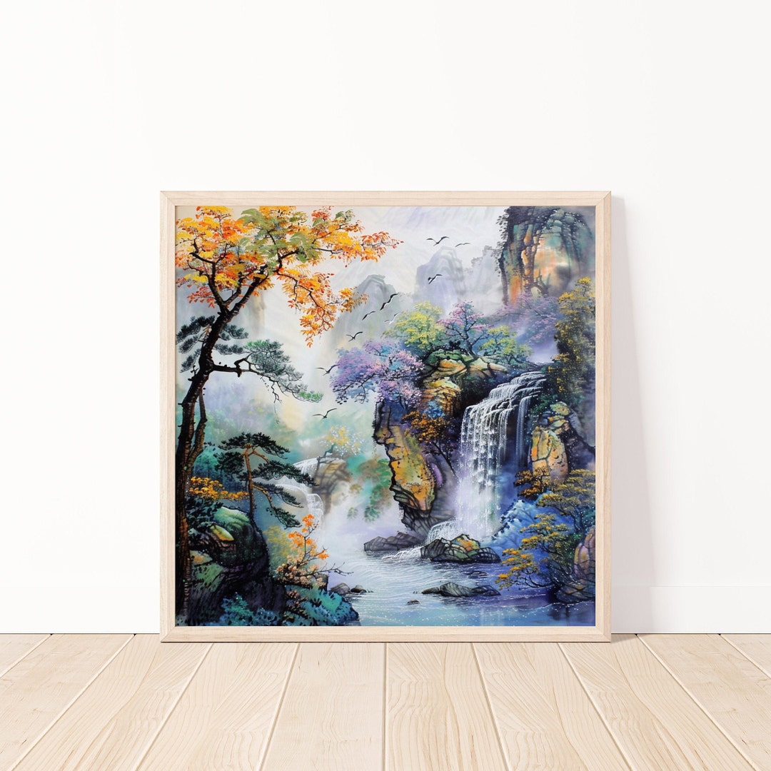 Waterfall Landscape Art Print, Nature Scene Wall Art, Nature Scenery ...
